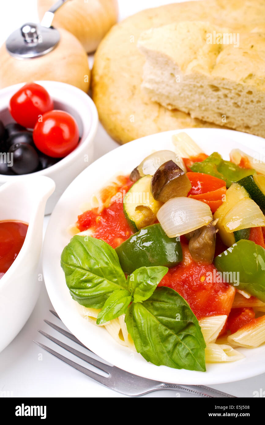 an italian meal - fried vegetables with basil, foccacia bread, black ...