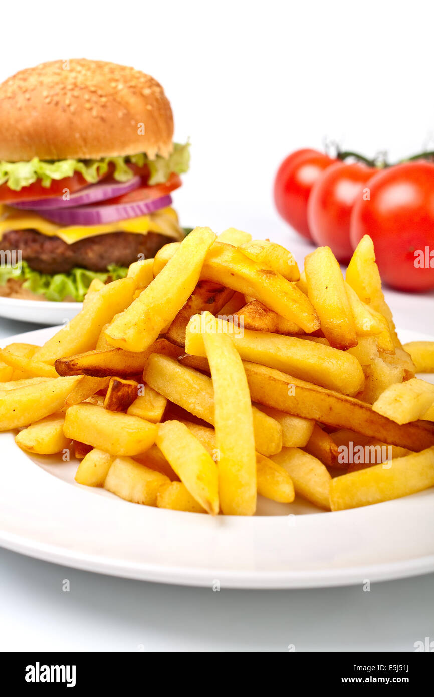 a big cheeseburger and a large portion of french fries with tomatoes ...