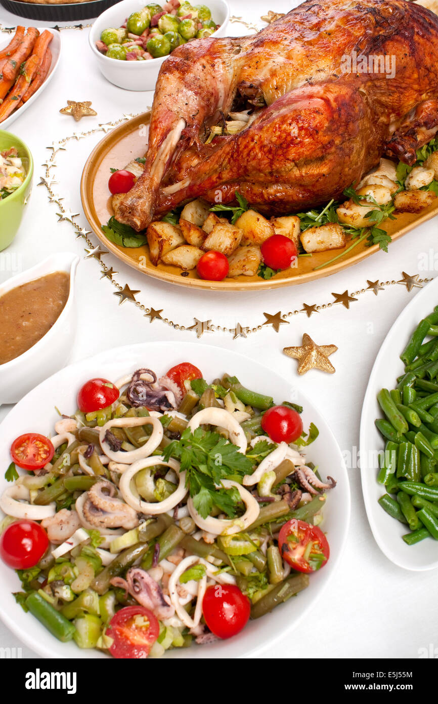 Christmas Decorated Dinner Table with Roasted Stuffed Turkey Stock ...