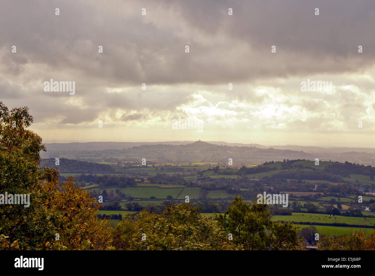 Glastonbury Tor from the rim of Ebbor Gorge, Mendip Hills, Somerset ...