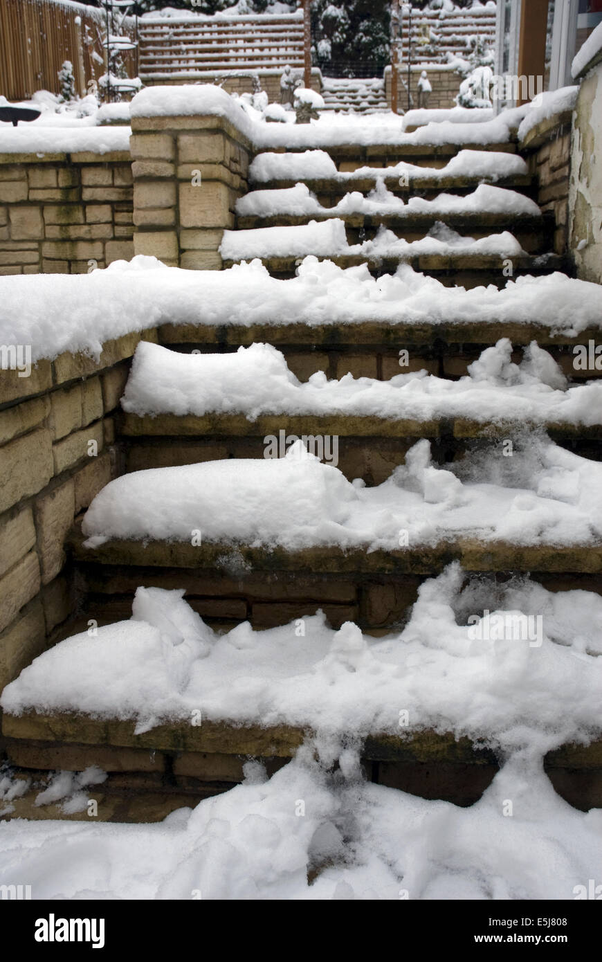 Snow covered steps in a suburban back garden, winter of 2013 Bath Spa ...