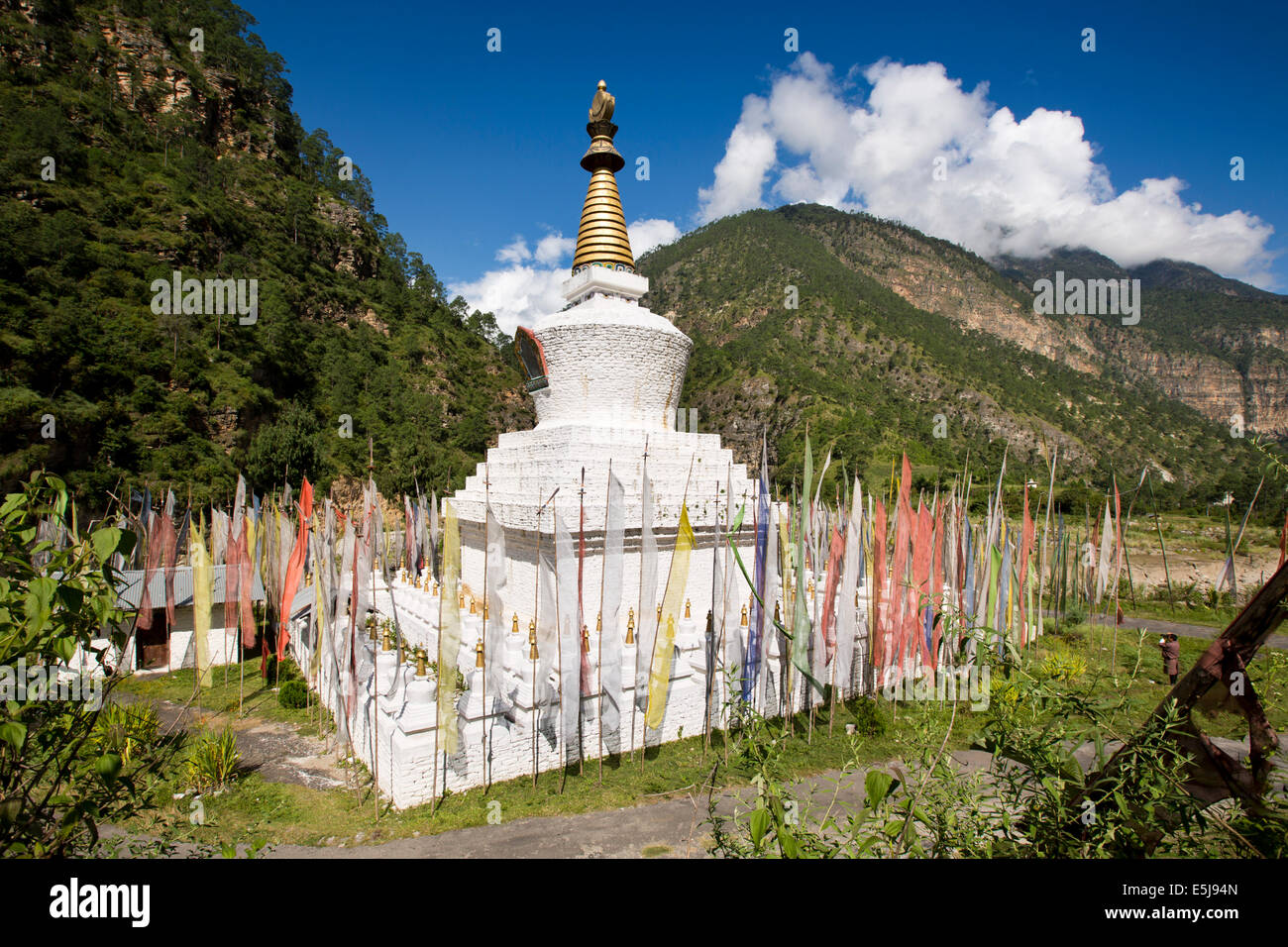 Eastern Bhutan, Lhuentse Valley Autsho, white Tibetan style brick built ...