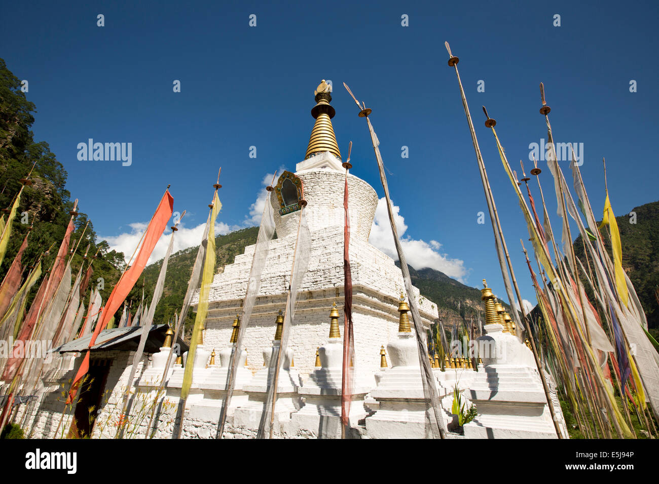 Eastern Bhutan, Lhuentse Valley Autsho, white Tibetan style brick built ...