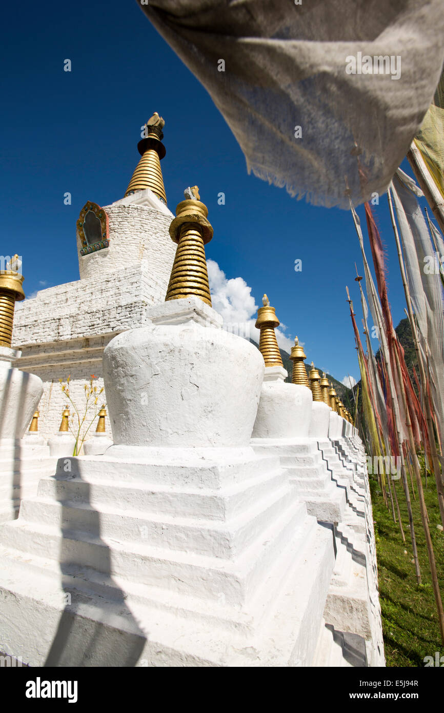 Eastern Bhutan, Lhuentse Valley Autsho, white Tibetan style brick built ...