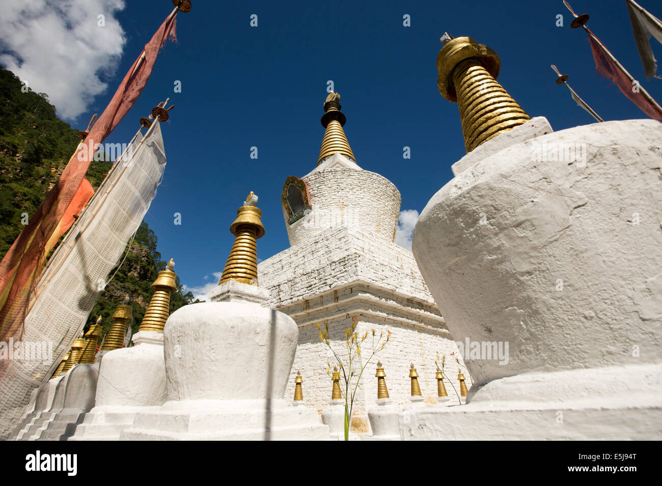 Eastern Bhutan, Lhuentse Valley Autsho, white Tibetan style brick built ...