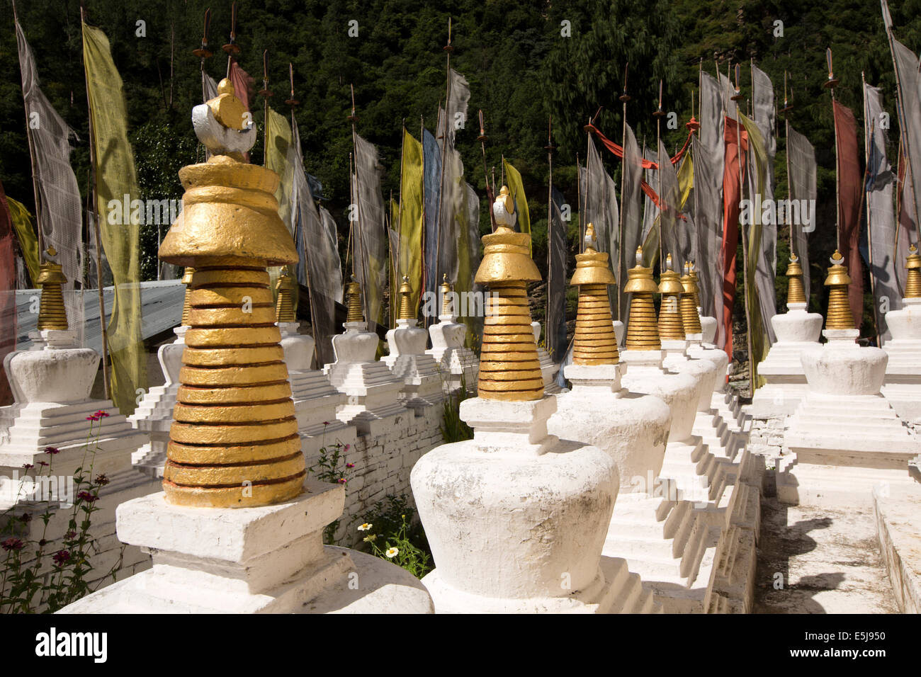 Eastern Bhutan, Lhuentse Valley Autsho, white Tibetan style chorten ...
