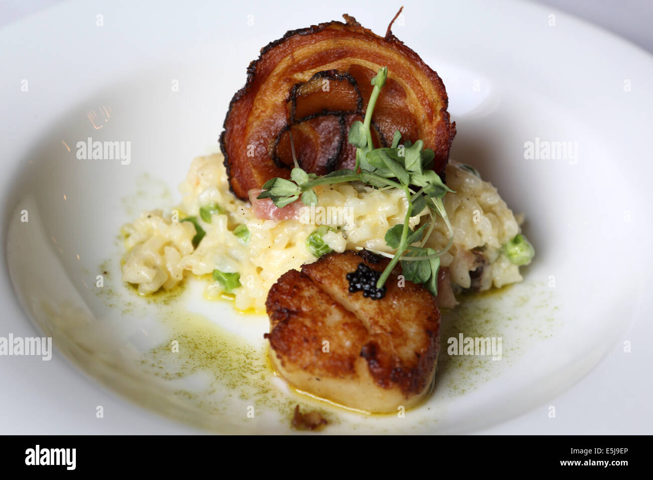 Risotto served with crispy bacon and a seared scallop Stock Photo - Alamy