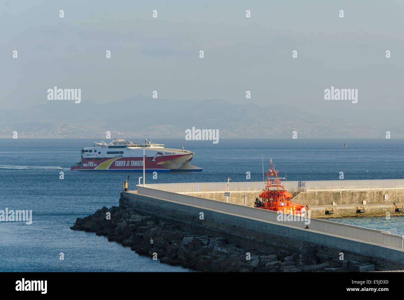 Ferry arriving at Harbour of Tarifa from Tangier in Morocco. Andalusia ...