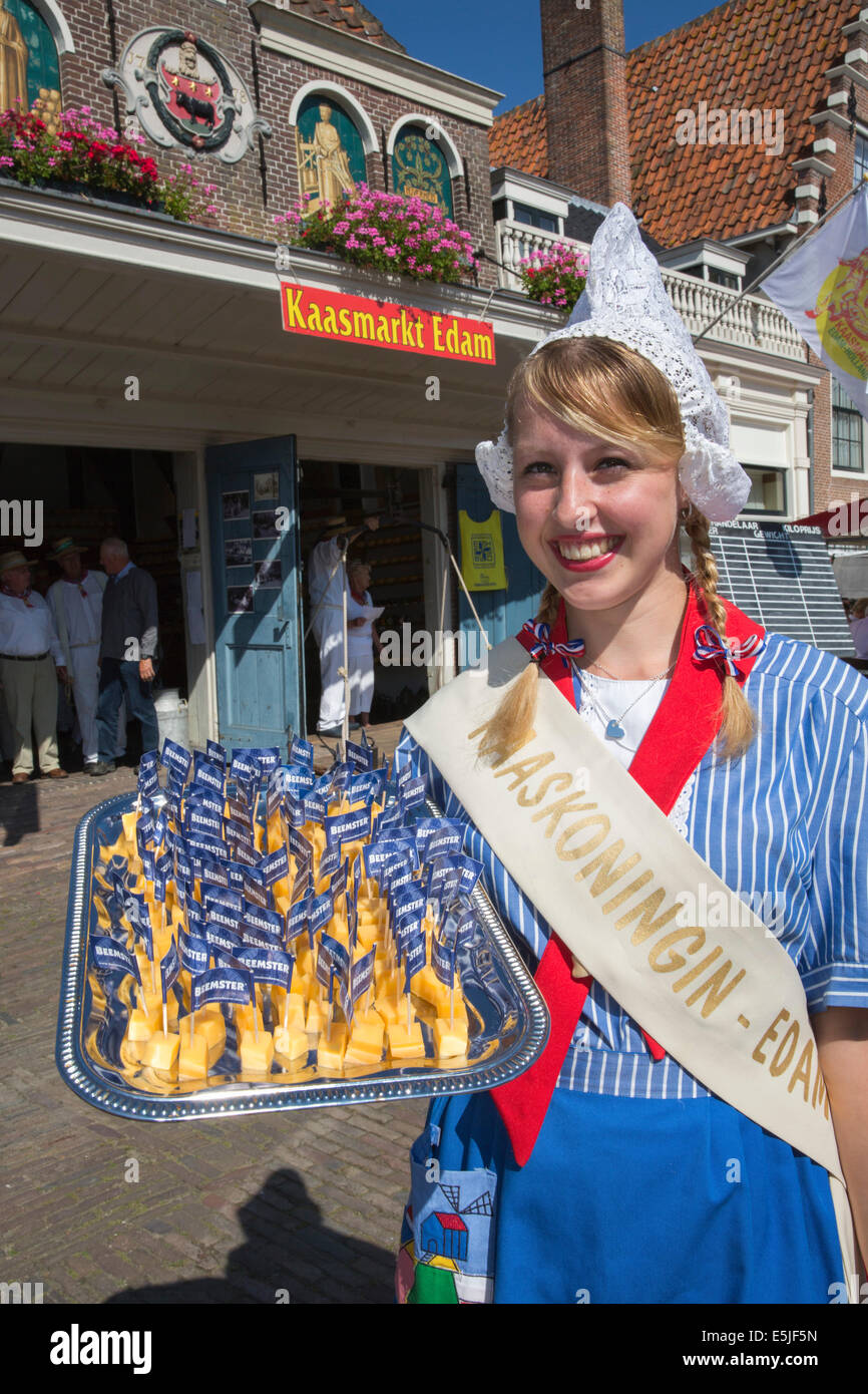 Netherlands, Edam, Cheese market, Cheese queen serves pieces of ...