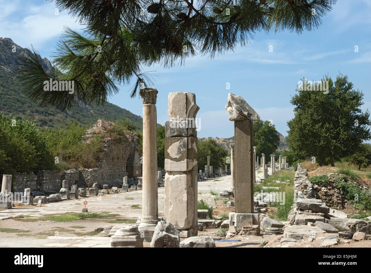 View of colonnade along the road in ancient ruins of Ephesus, Turkey ...