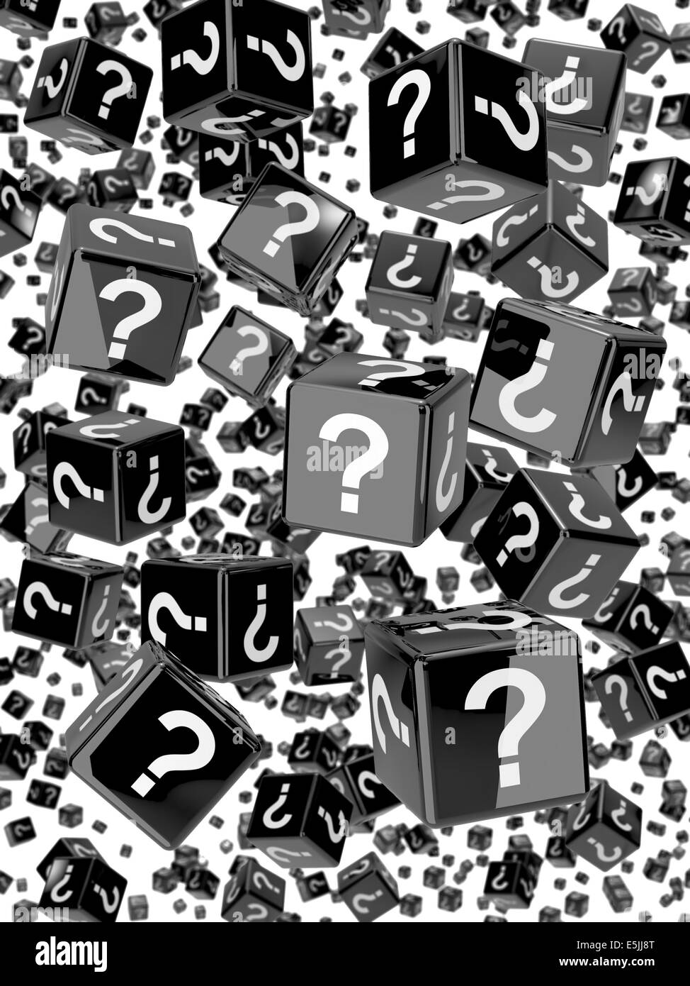3d render of lots of black dice marked with a question mark symbol ...