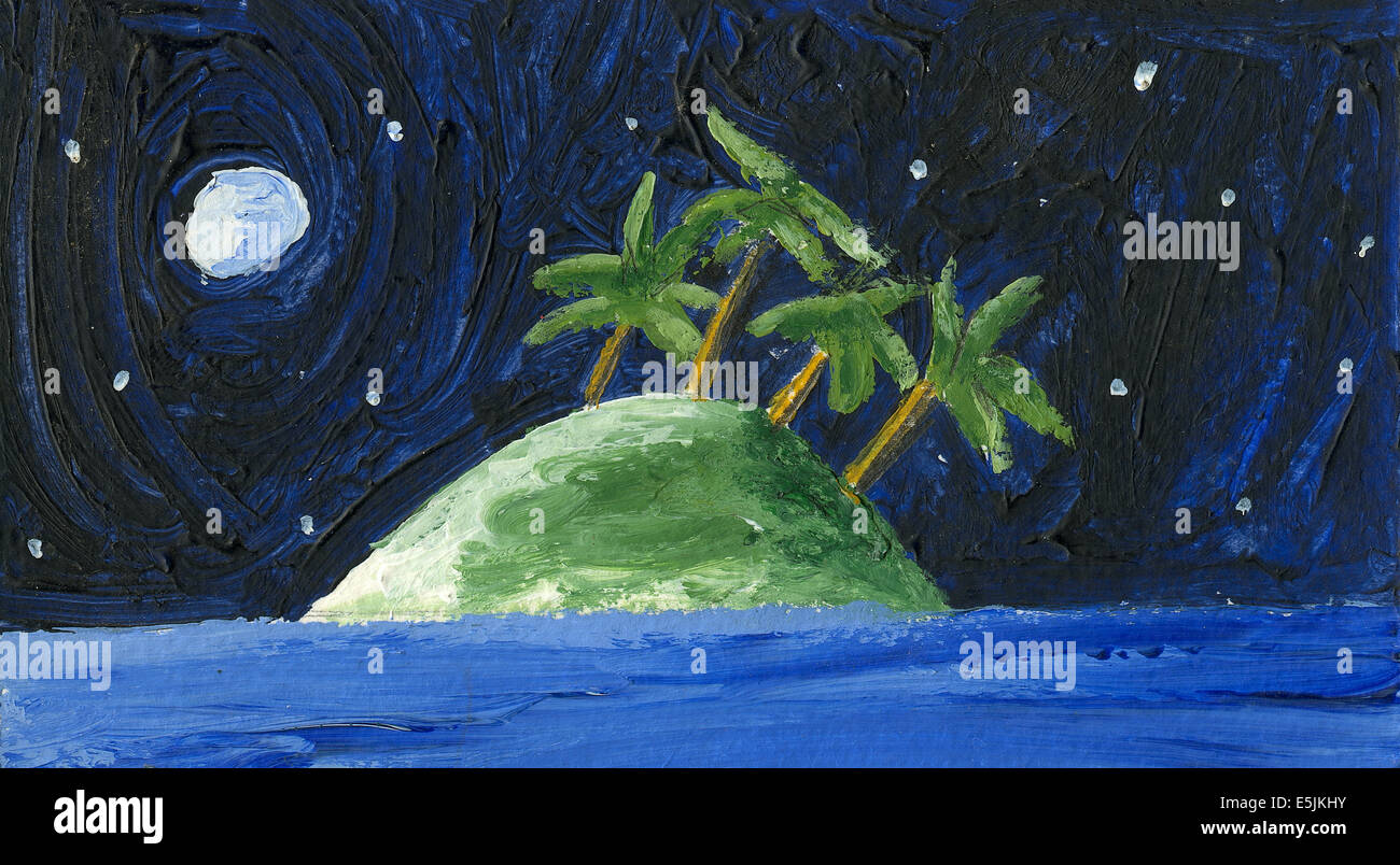 Acrylic illustration of island in the night Stock Photo - Alamy