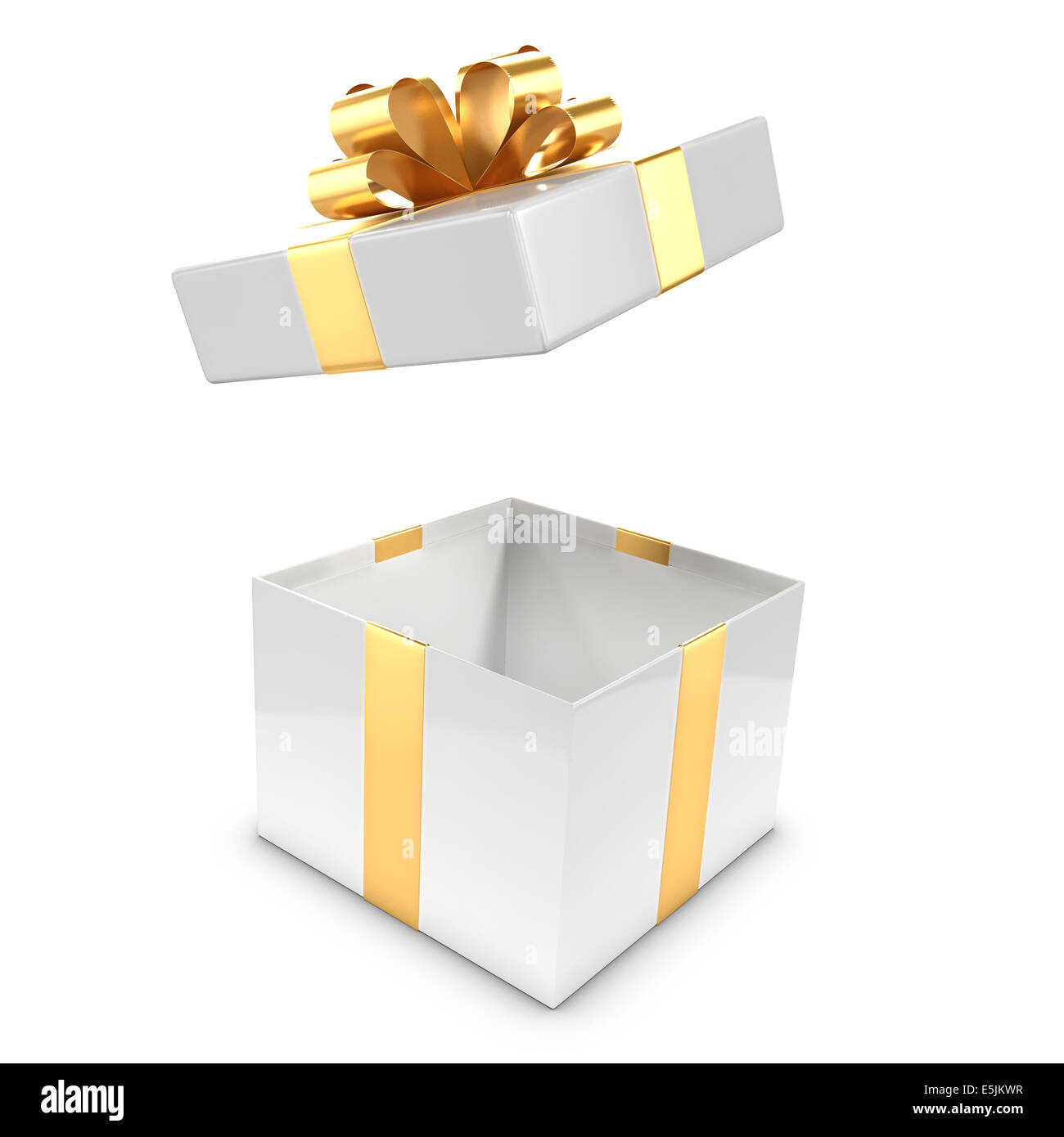 3d render of a white and gold gift box bursting open Stock Photo - Alamy