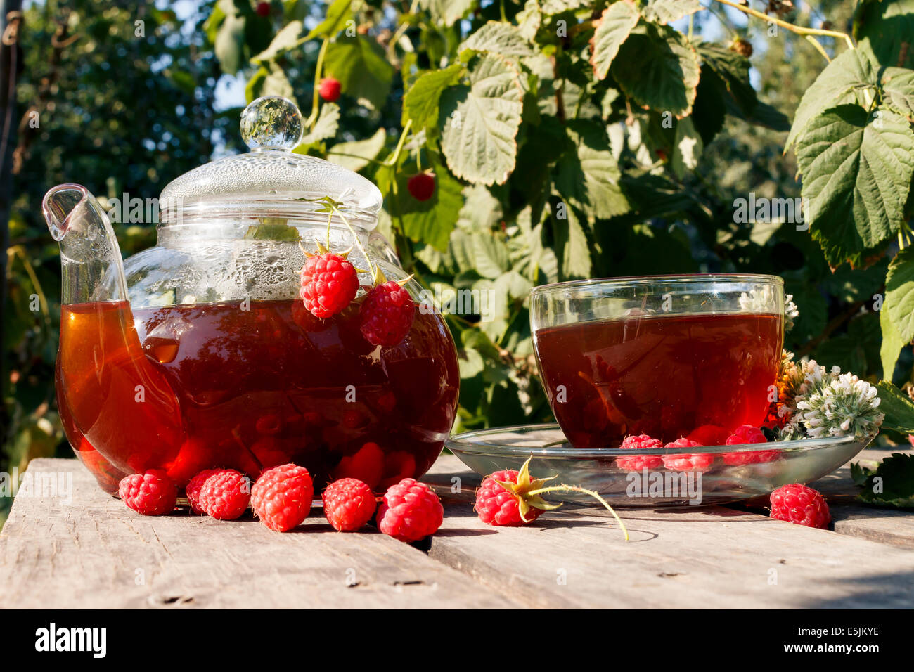 raspberry tea in transparent teapot and teacup on wooden table at ...