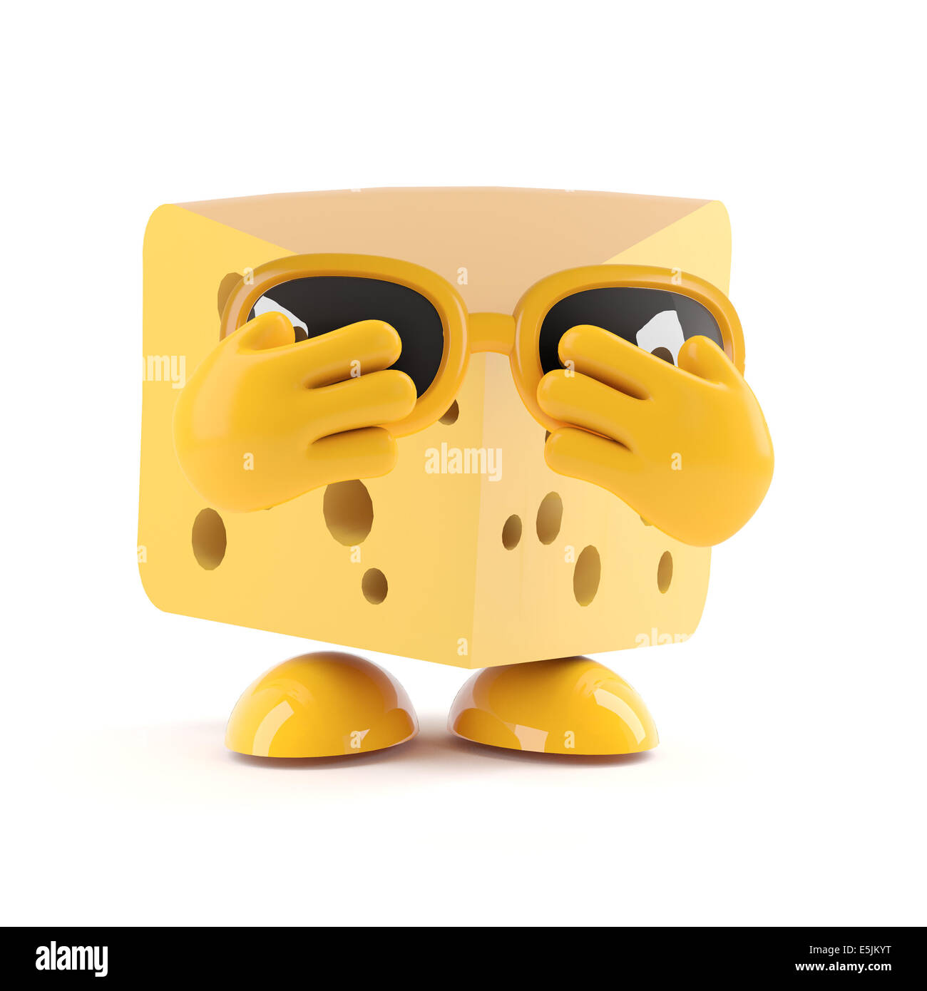 3d render of a cheese character hiding his eyes with his hands Stock ...