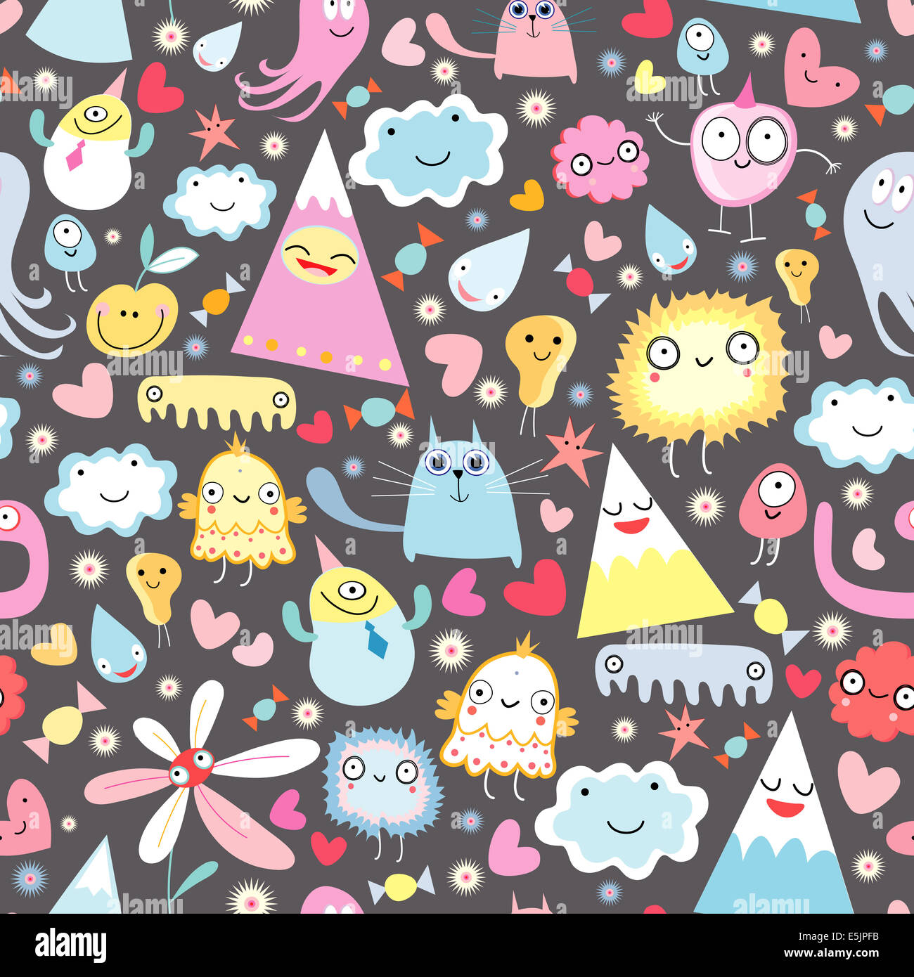 seamless pattern of funny little monsters on a gray background Stock ...