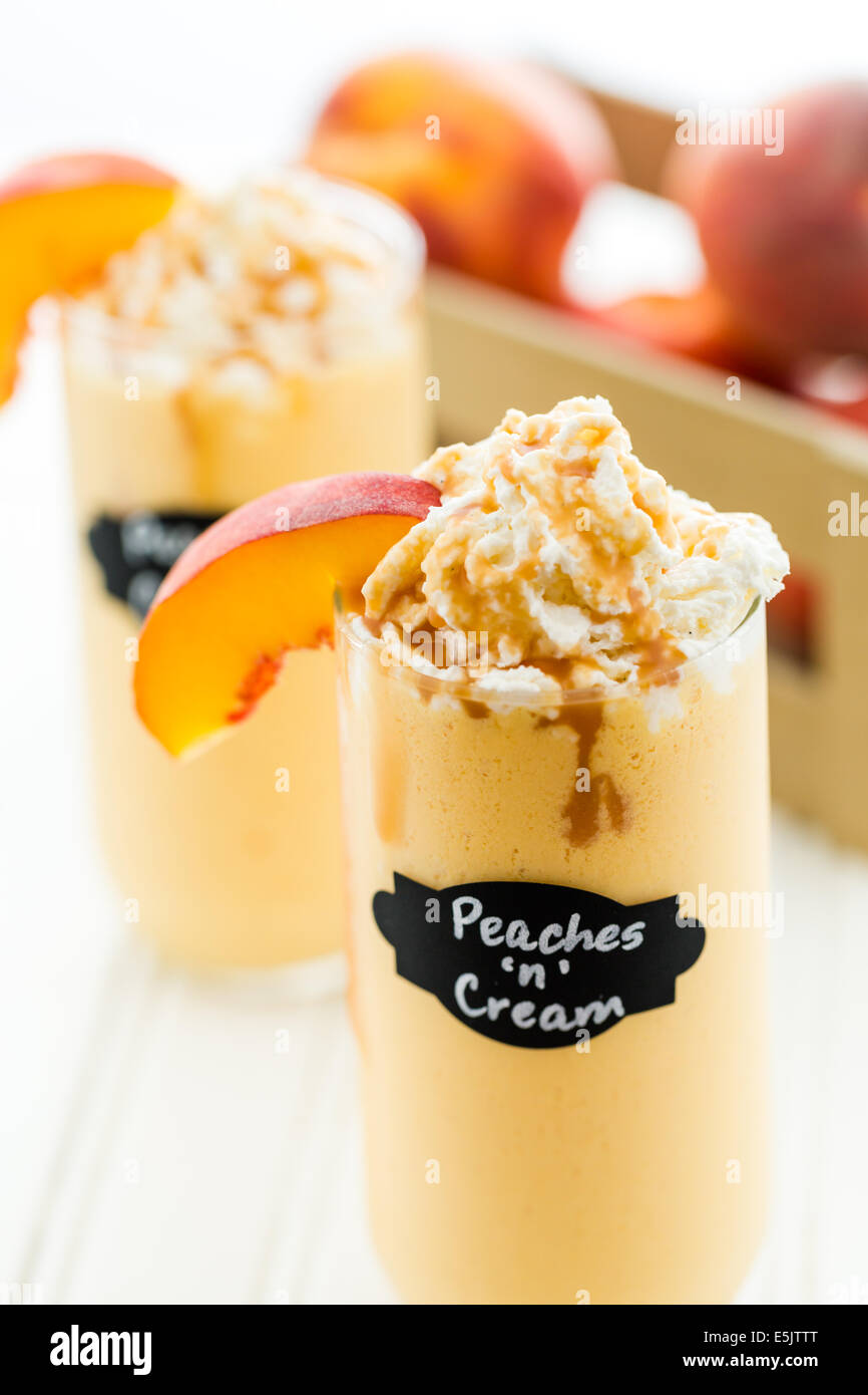Gourmet cold Peaches and cream chocolate drink garnished with caramel ...