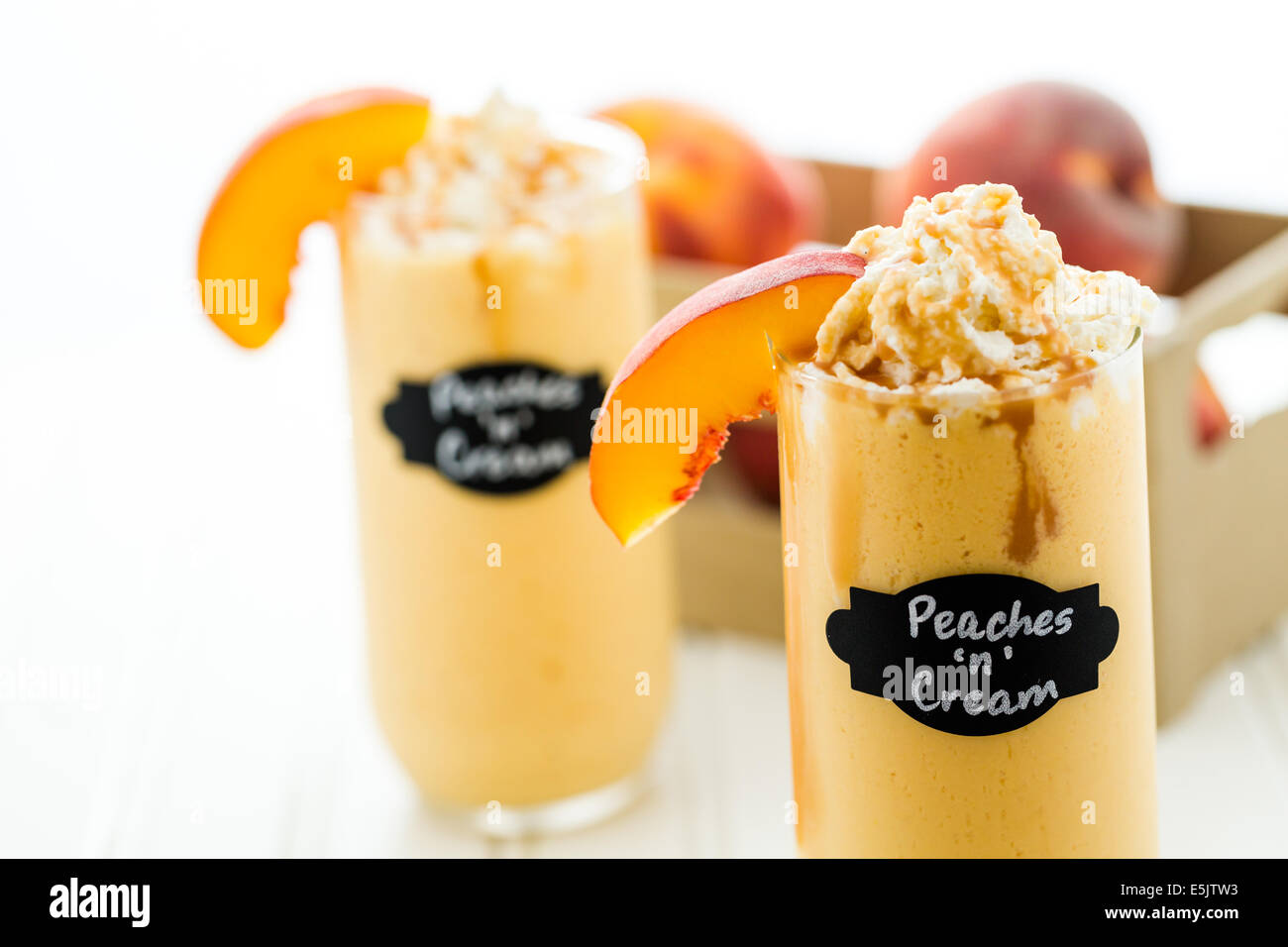 Gourmet cold Peaches and cream chocolate drink garnished with caramel ...