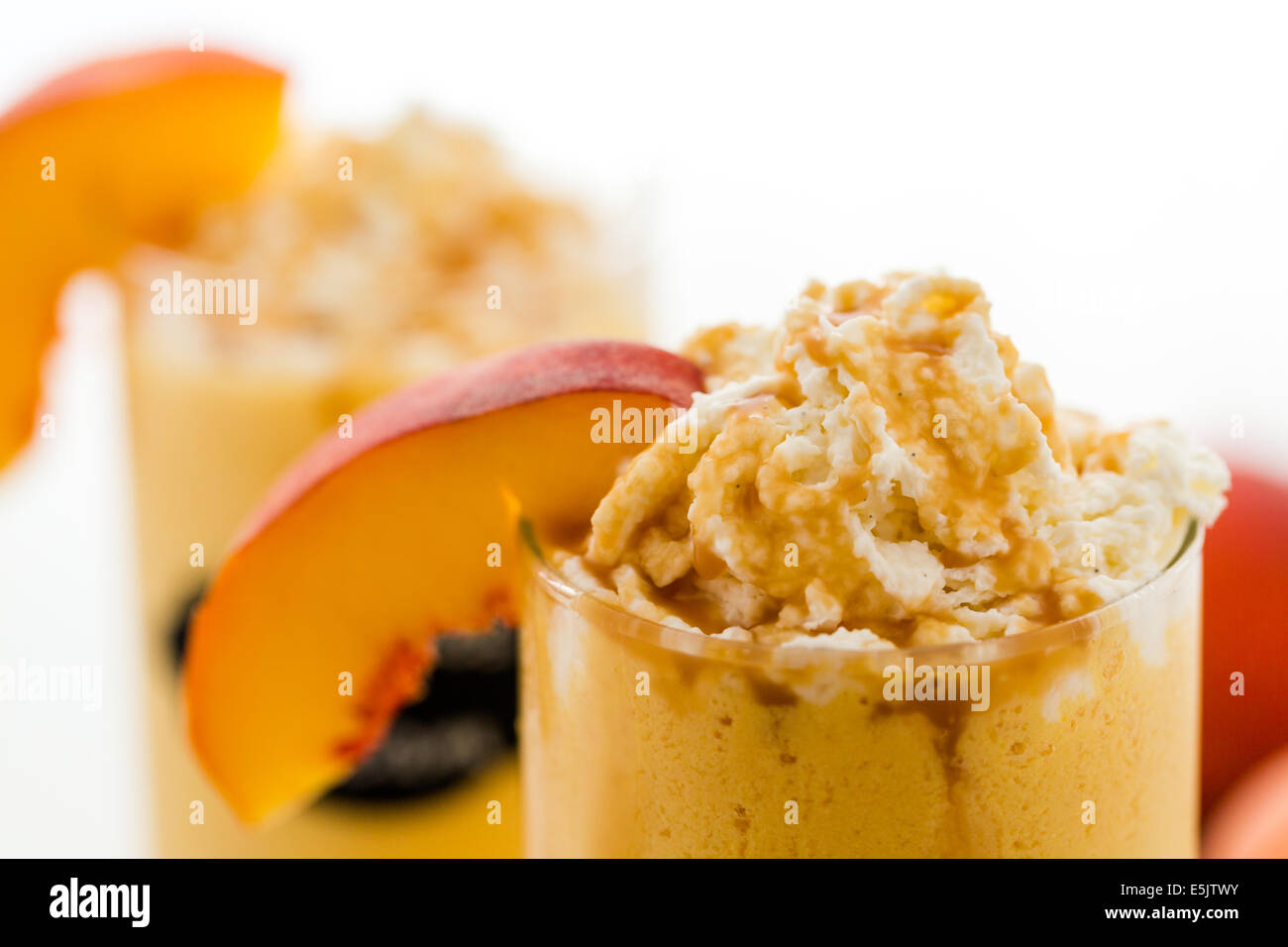 Gourmet cold Peaches and cream chocolate drink garnished with caramel ...