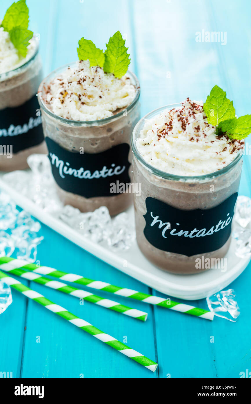 Gourmet cold mintastic chocolate drink garnished with cocoa powder and ...