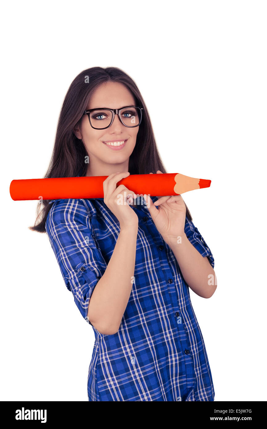 Girl with Glasses Holding Giant Red Pencil Stock Photo - Alamy