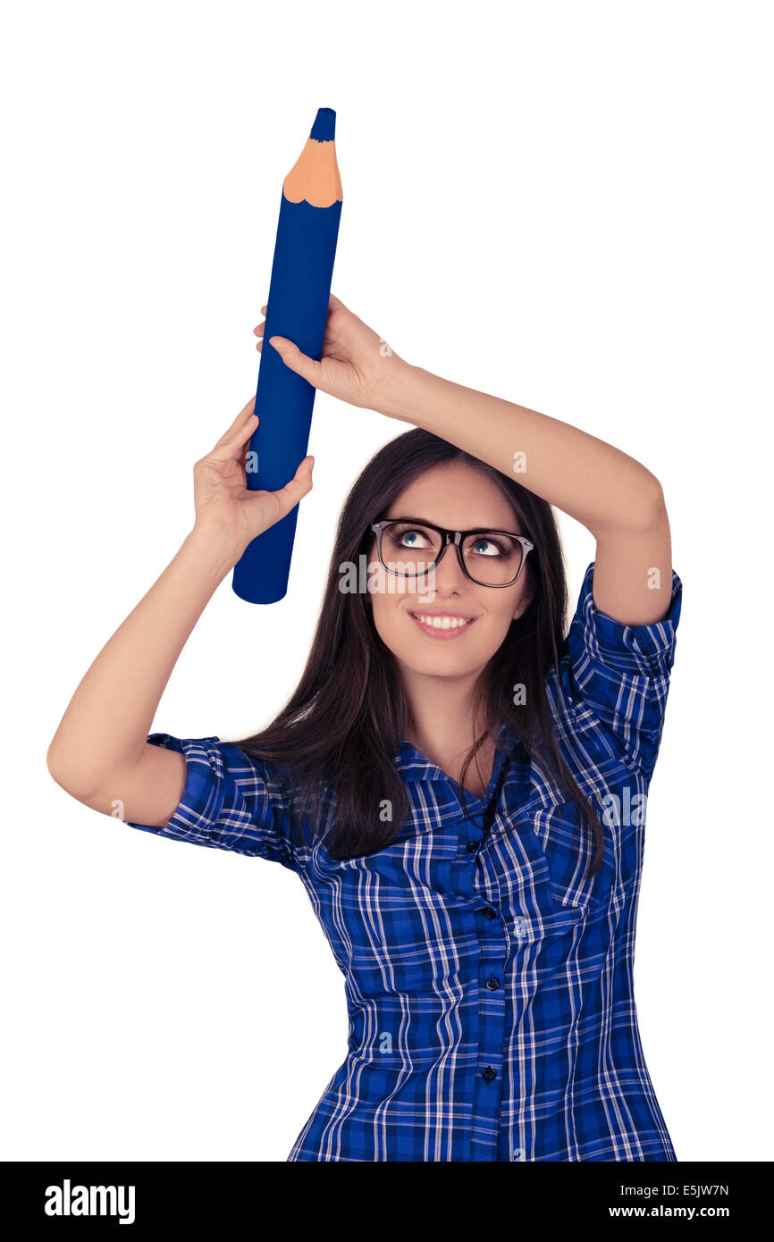 Girl with Glasses Holding Giant Blue Pencil Stock Photo - Alamy