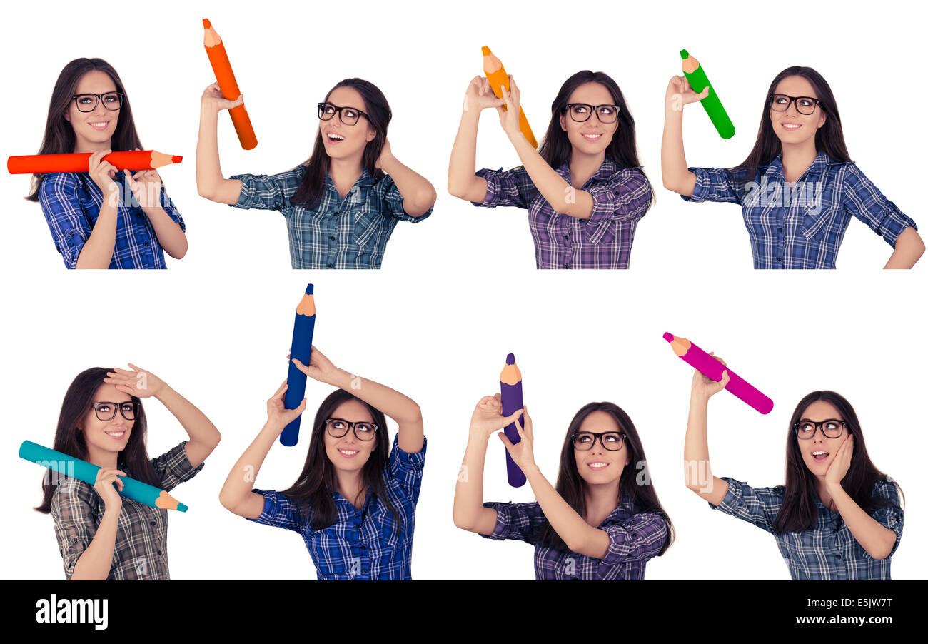 Girl with Glasses Holding Giant Pencils in Multiple Colors Stock Photo ...