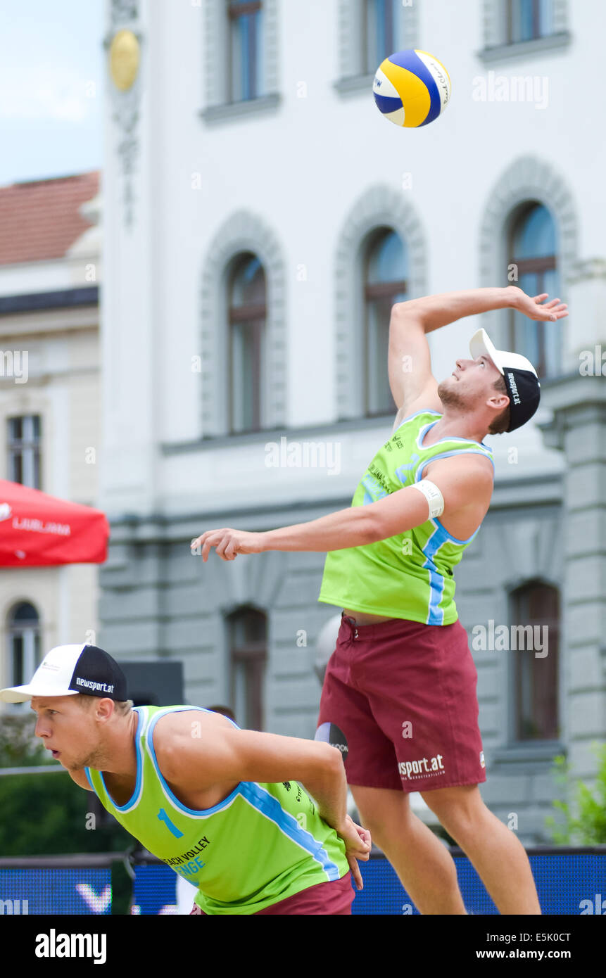 Ljubljana, Slovenia. 2nd Aug, 2014. Michael Murauer (AUT) serving on ...