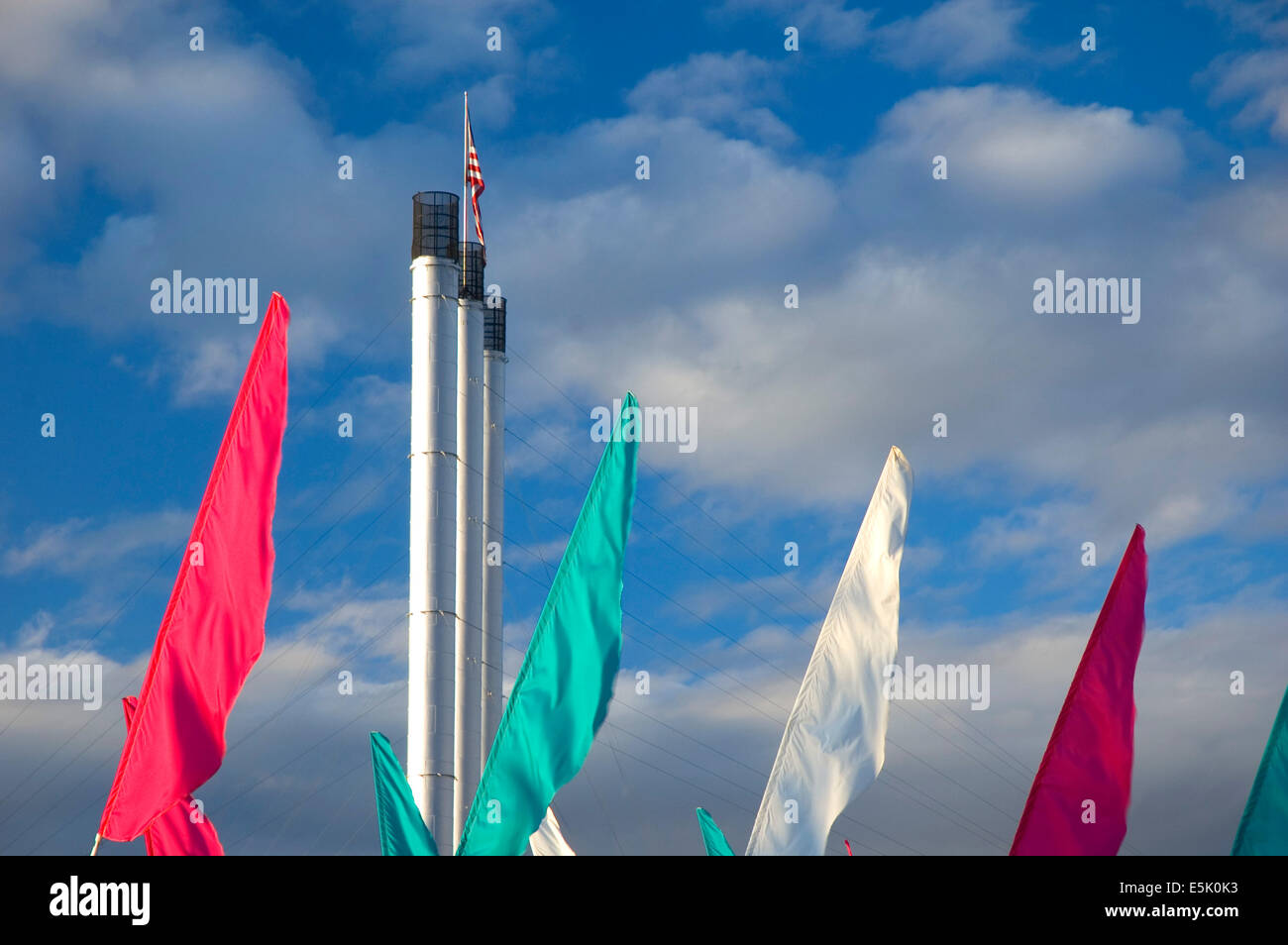 Old Mill District Deschutes River pedestrian bridge flags, Bend, Oregon ...