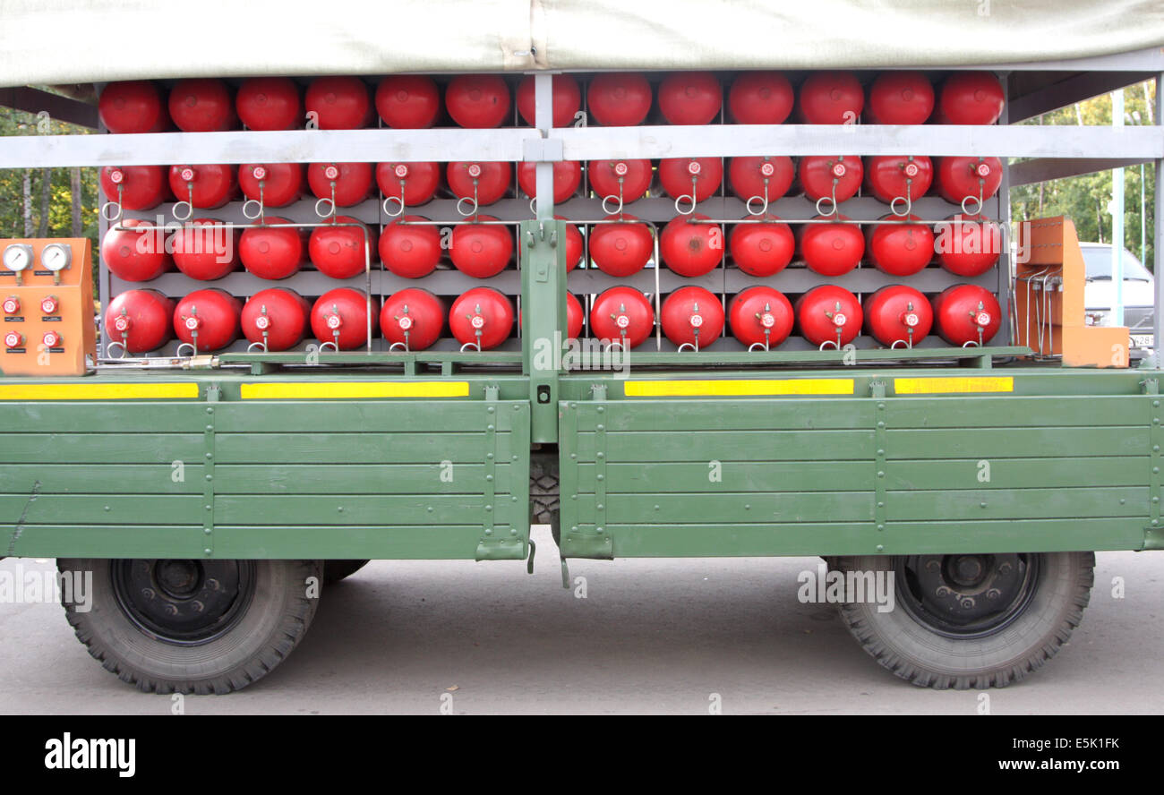 Gas technology in Russia. Mobile Compressor and gas bottles used for ...