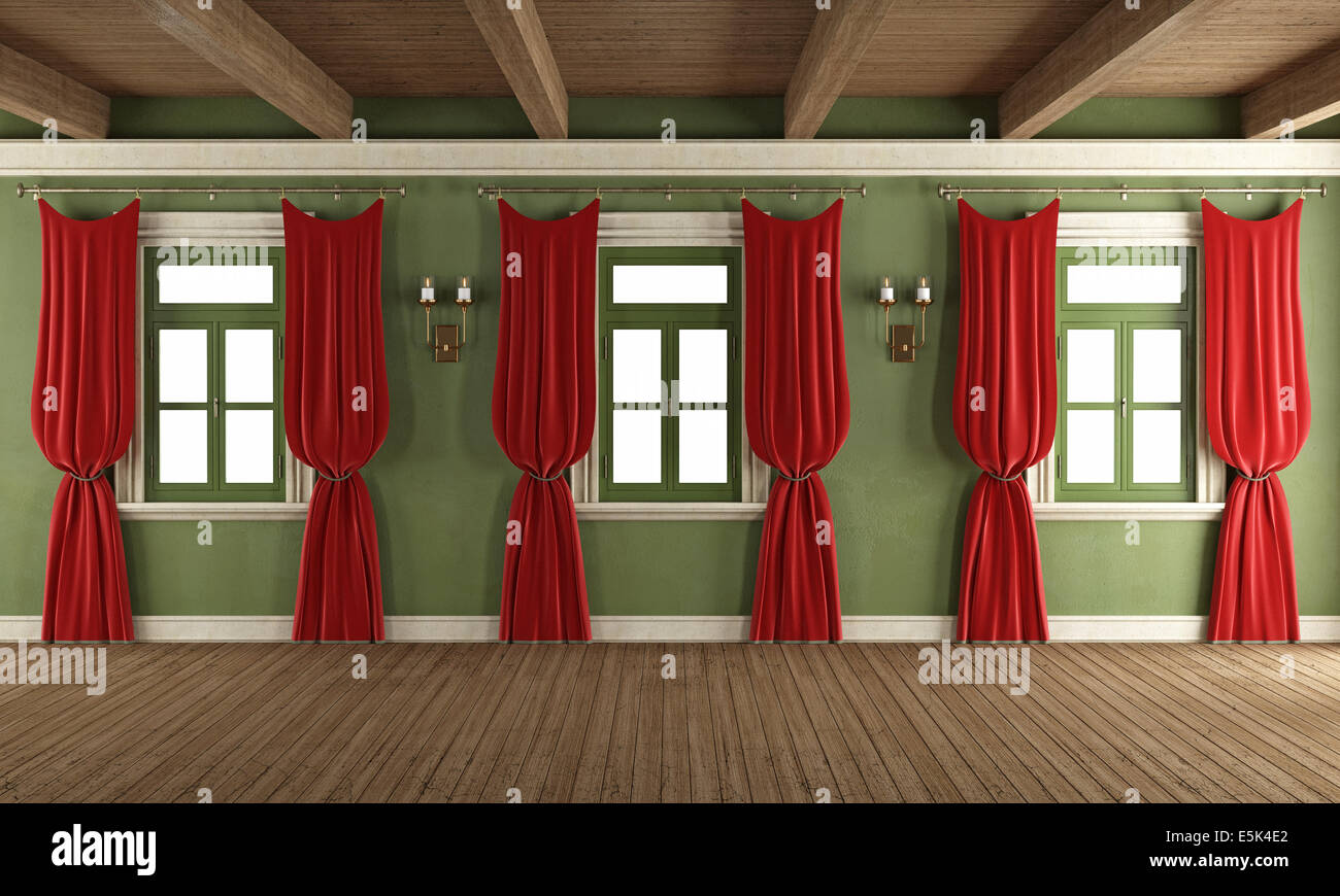 Retro room with three windows and curtains - rendering Stock Photo - Alamy
