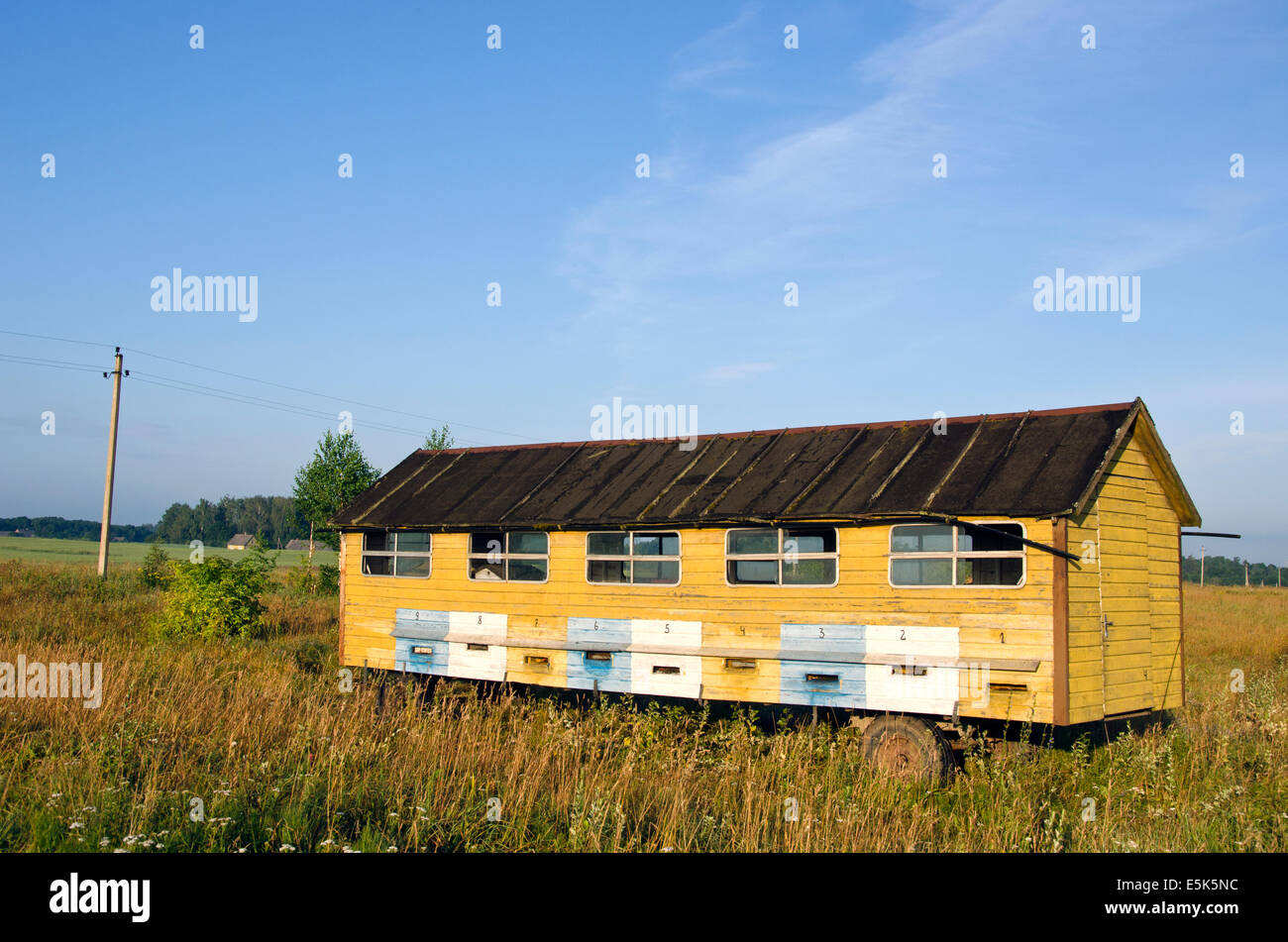 apiary hives - big bee house truck trailer in summer field Stock Photo ...