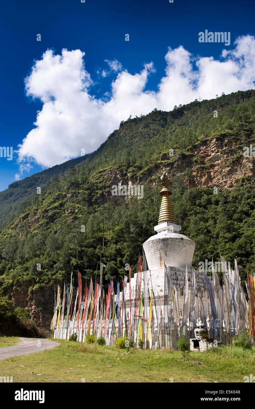 Eastern Bhutan, Lhuentse Valley Autsho, white Tibetan style brick built ...