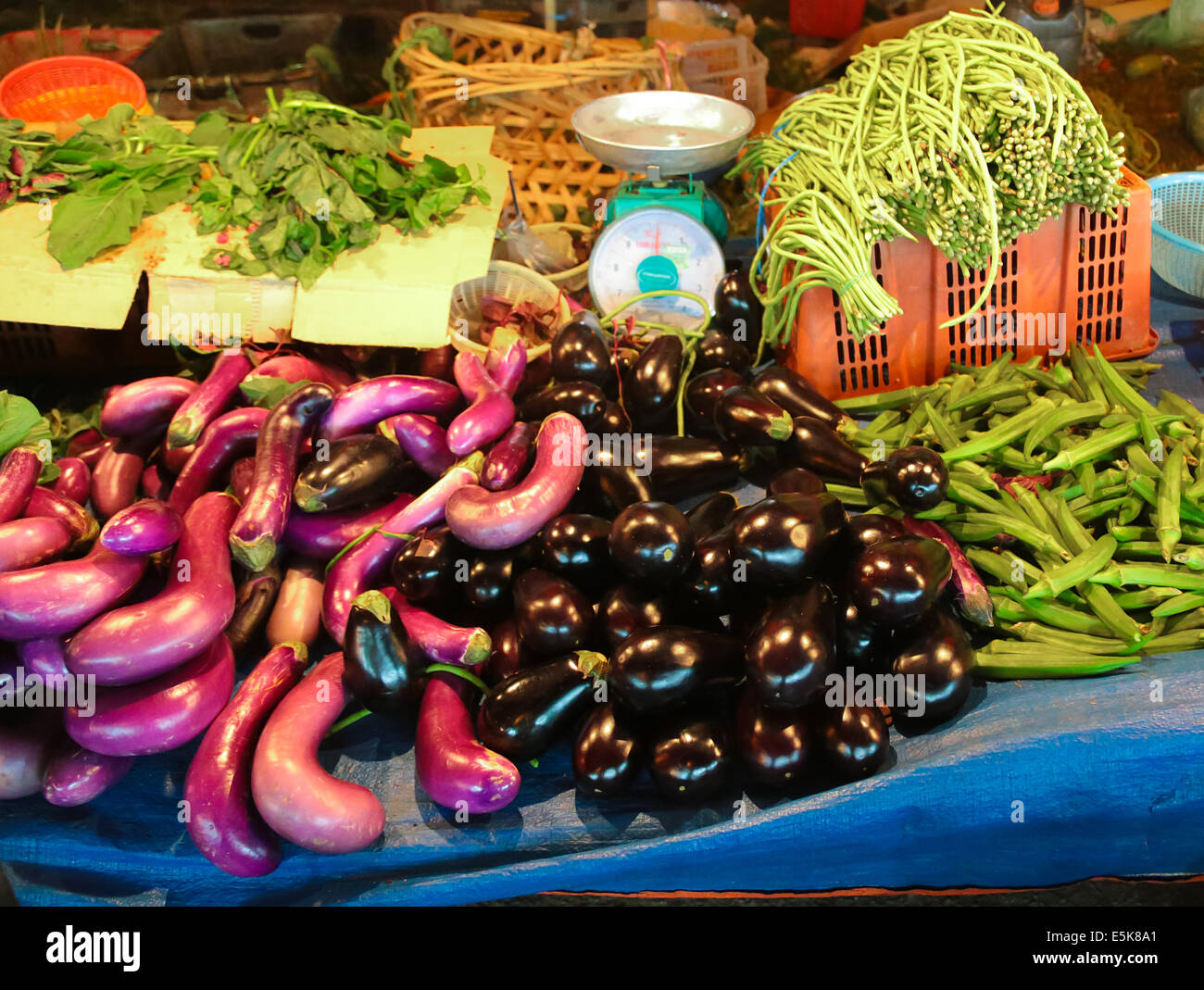 Outdoor hawker stall selling lady finger, bitter gourd, eggplant etc ...