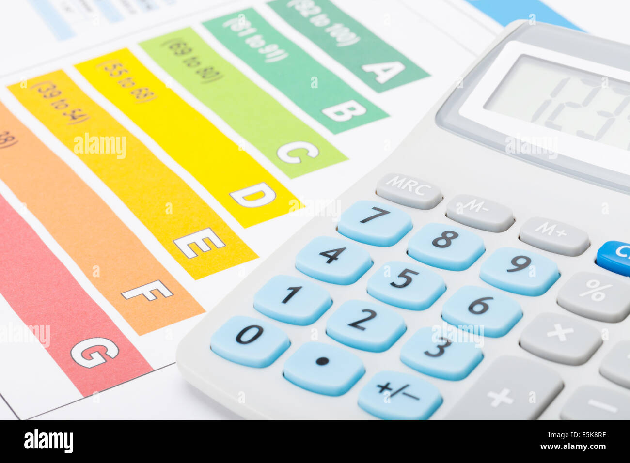 Energy efficiency chart with calculator over it - studio shot Stock ...