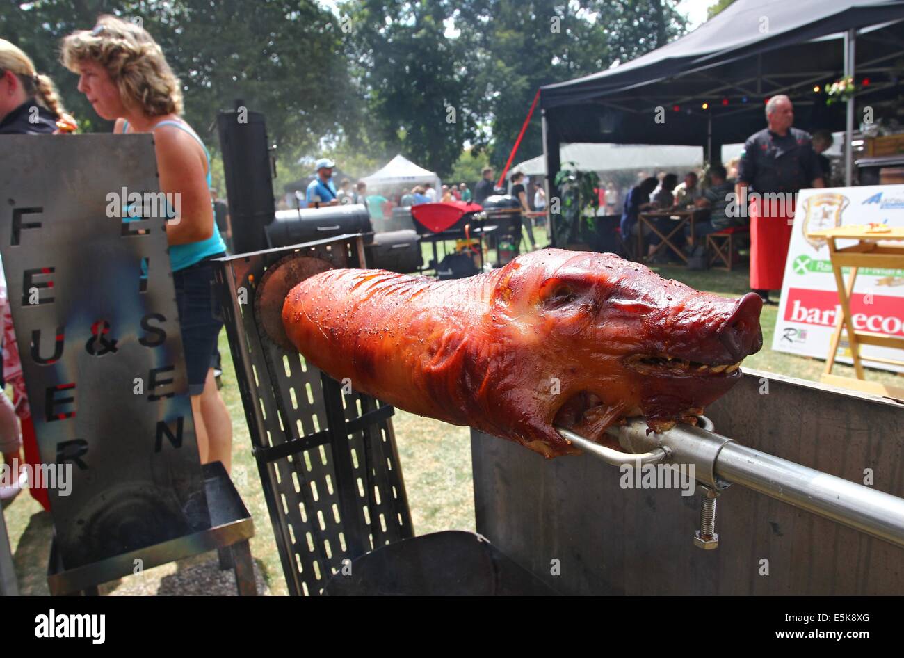 Schweinfurt, Germany. 03rd Aug, 2014. A pigling is grilled during the ...