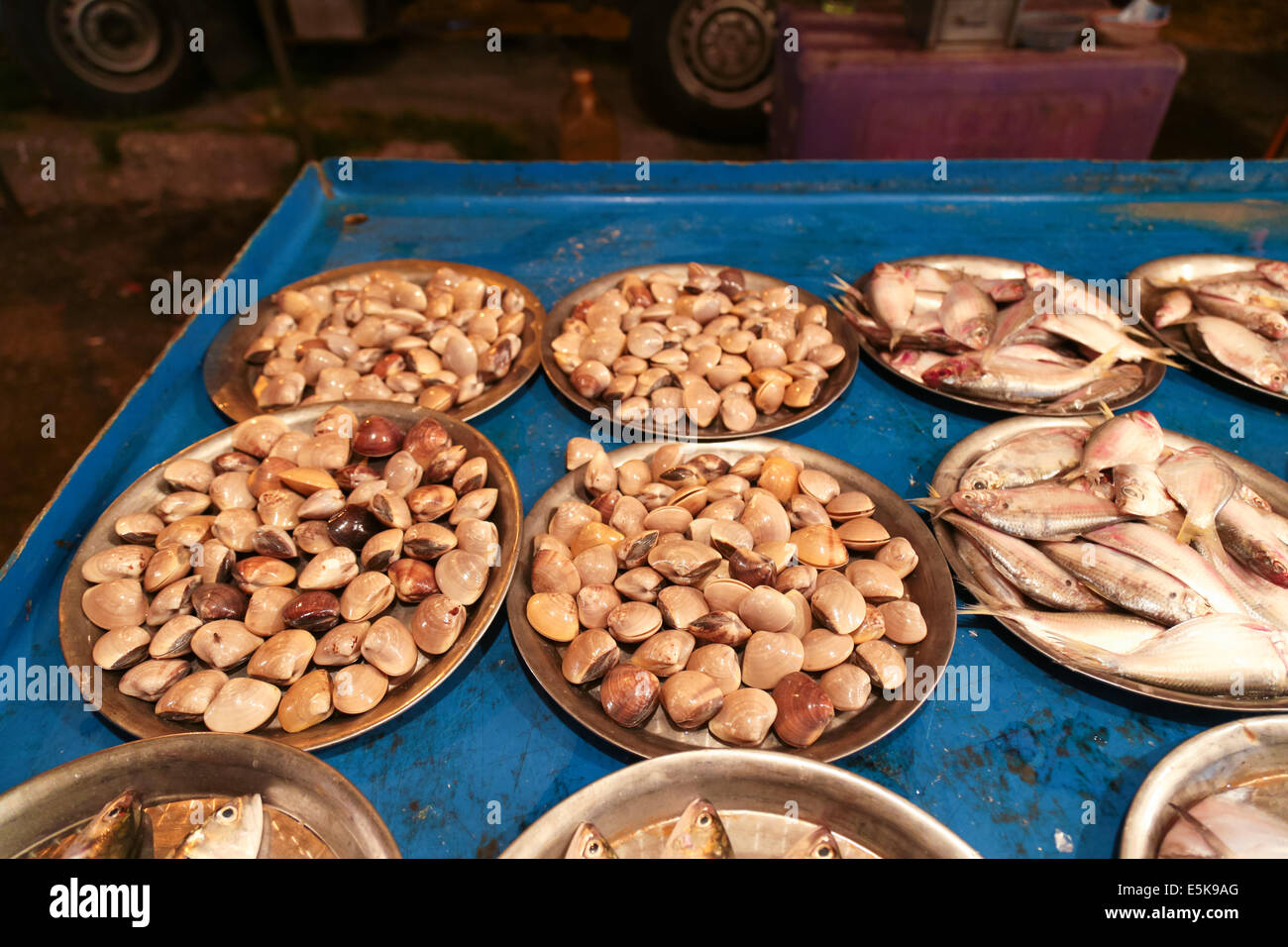 Tray of clam for sale in Malaysia night market stall Stock Photo - Alamy