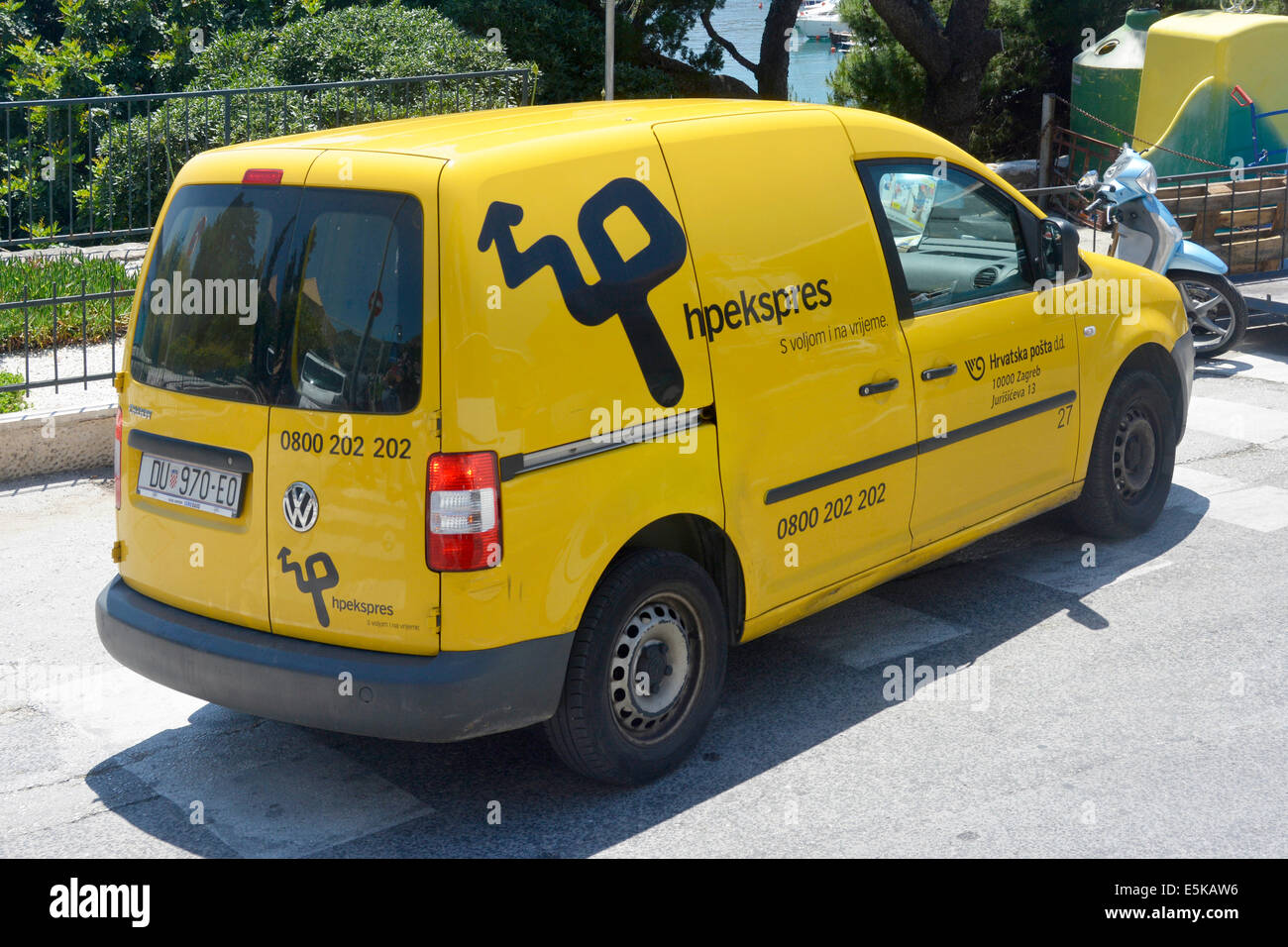 Yellow Croatian post and parcel delivery van in Dubrovnik town centre ...