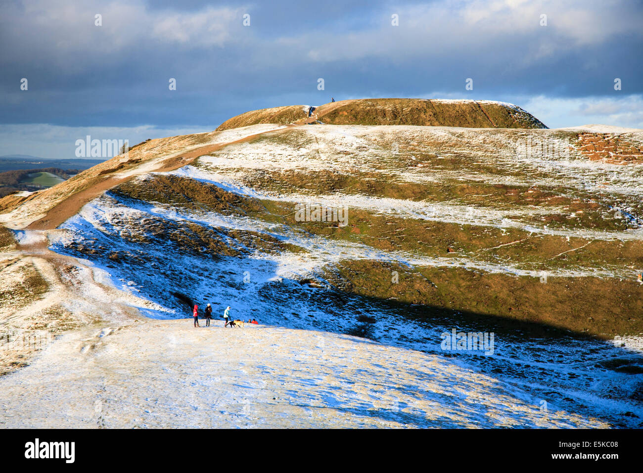 The snow filled defensive ditches of British Camp Iron Age Fort in the ...