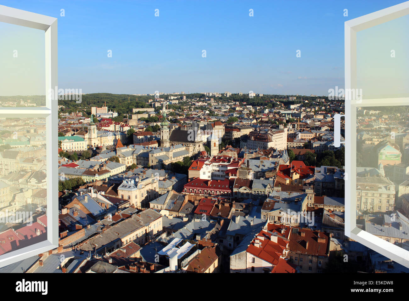 opened window with view of the roofs of city Stock Photo - Alamy