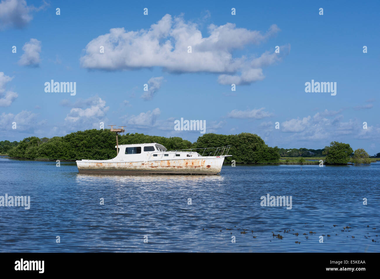 An old relic abandoned boat on the Gulf coast in the marsh at Cedar Key ...