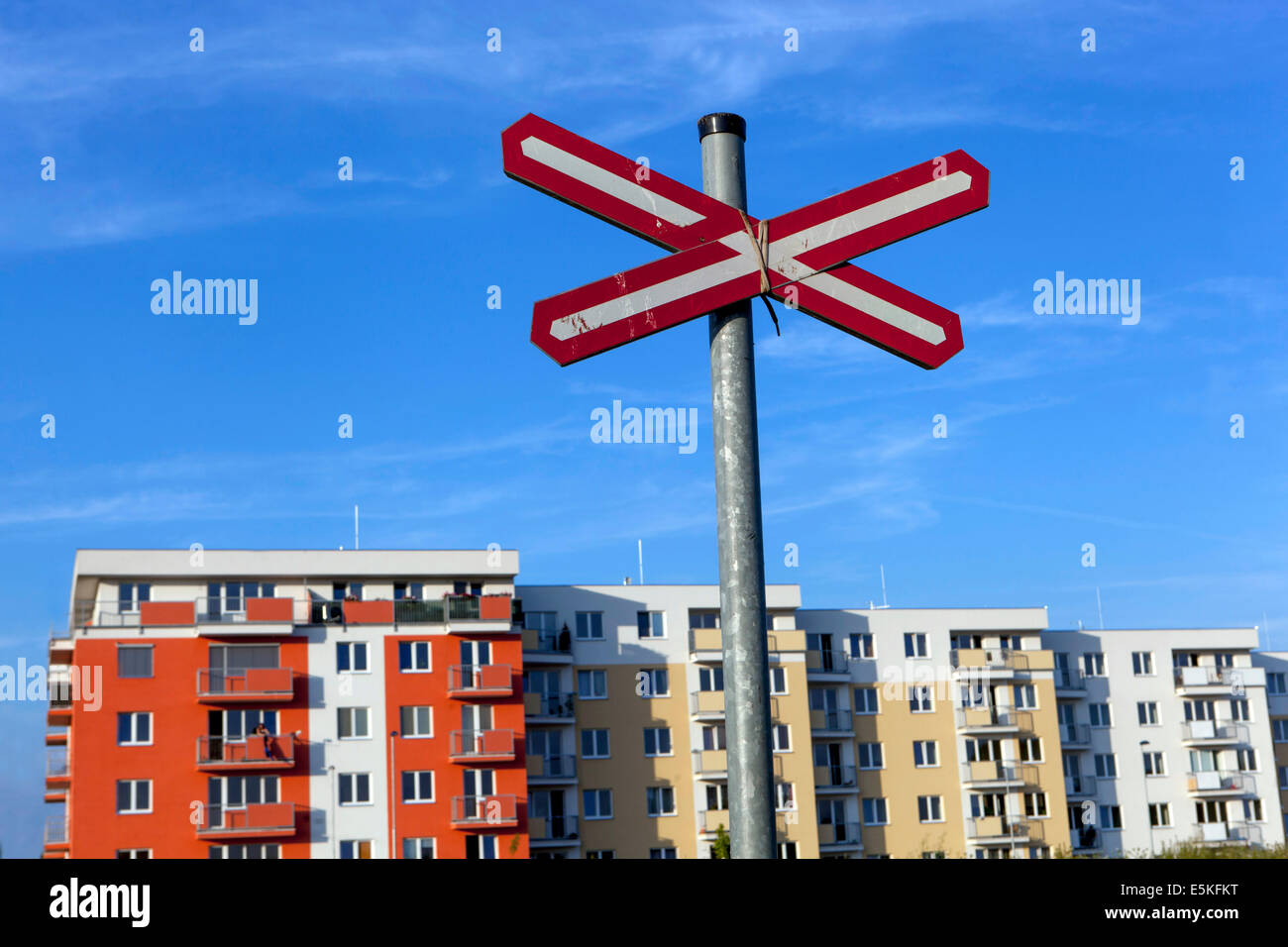 Railroad crossings sign, housing estate Czech Republic Stock Photo - Alamy