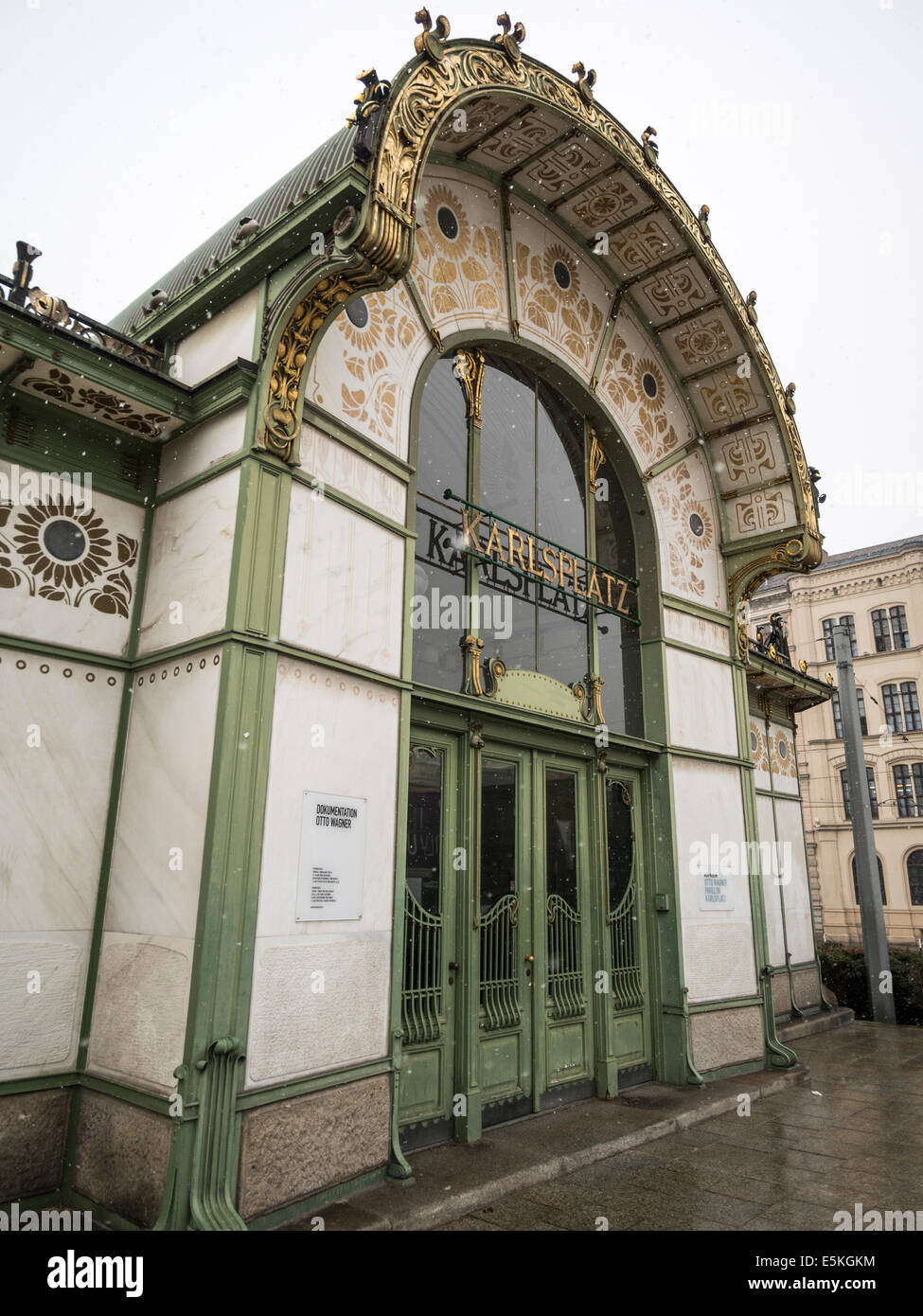 The Old Karlsplatz Underground Station Entrance in the snow. A highly ...