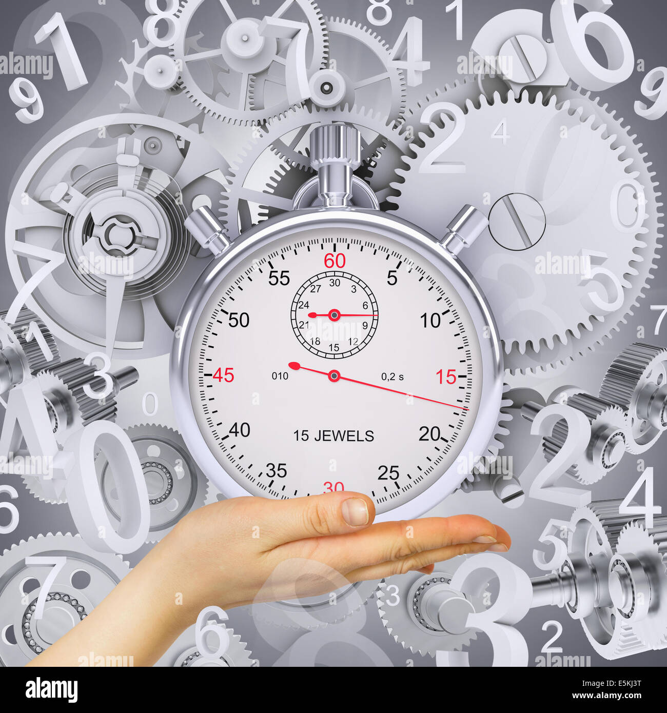 Hand hold stopwatch with figures and gears Stock Photo - Alamy
