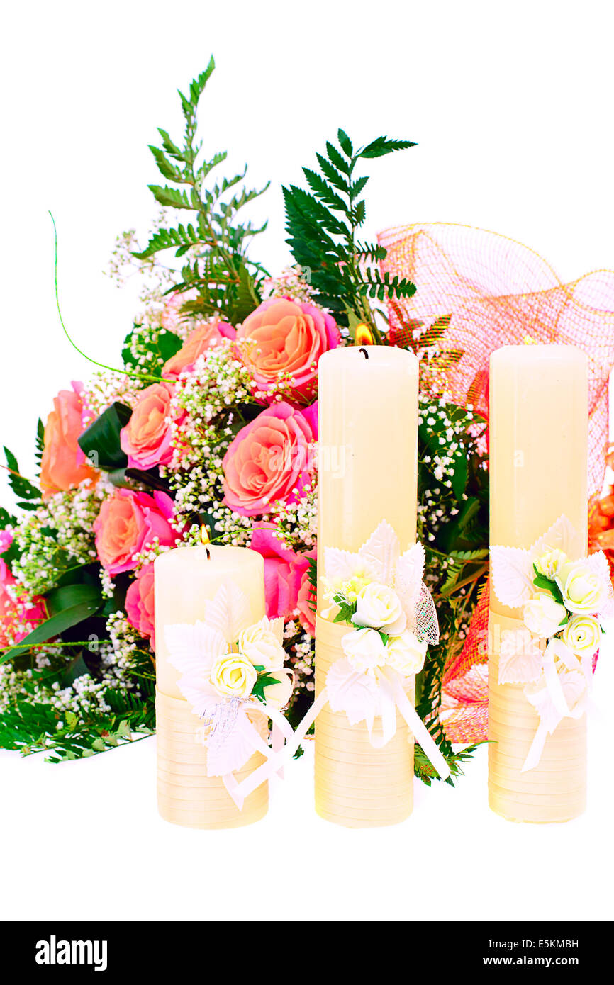 Candle and Flowers. Isolated on White Background Stock Photo - Alamy