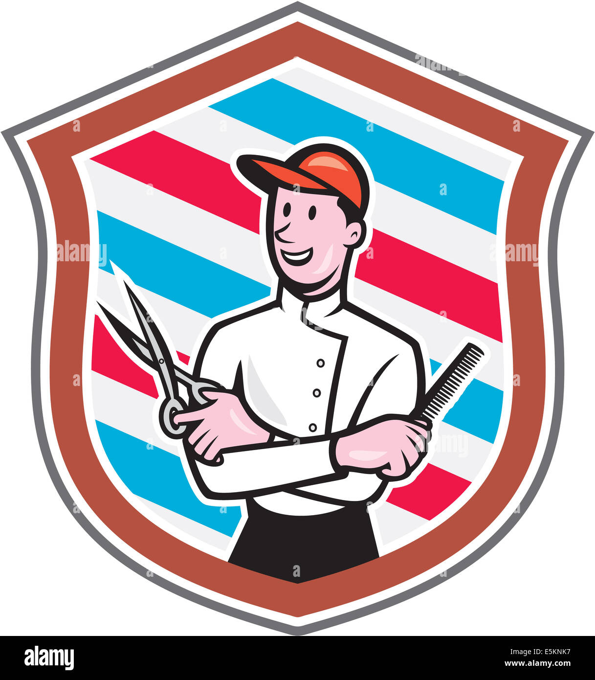 Illustration of a barber holding a scissors and comb facing front ...