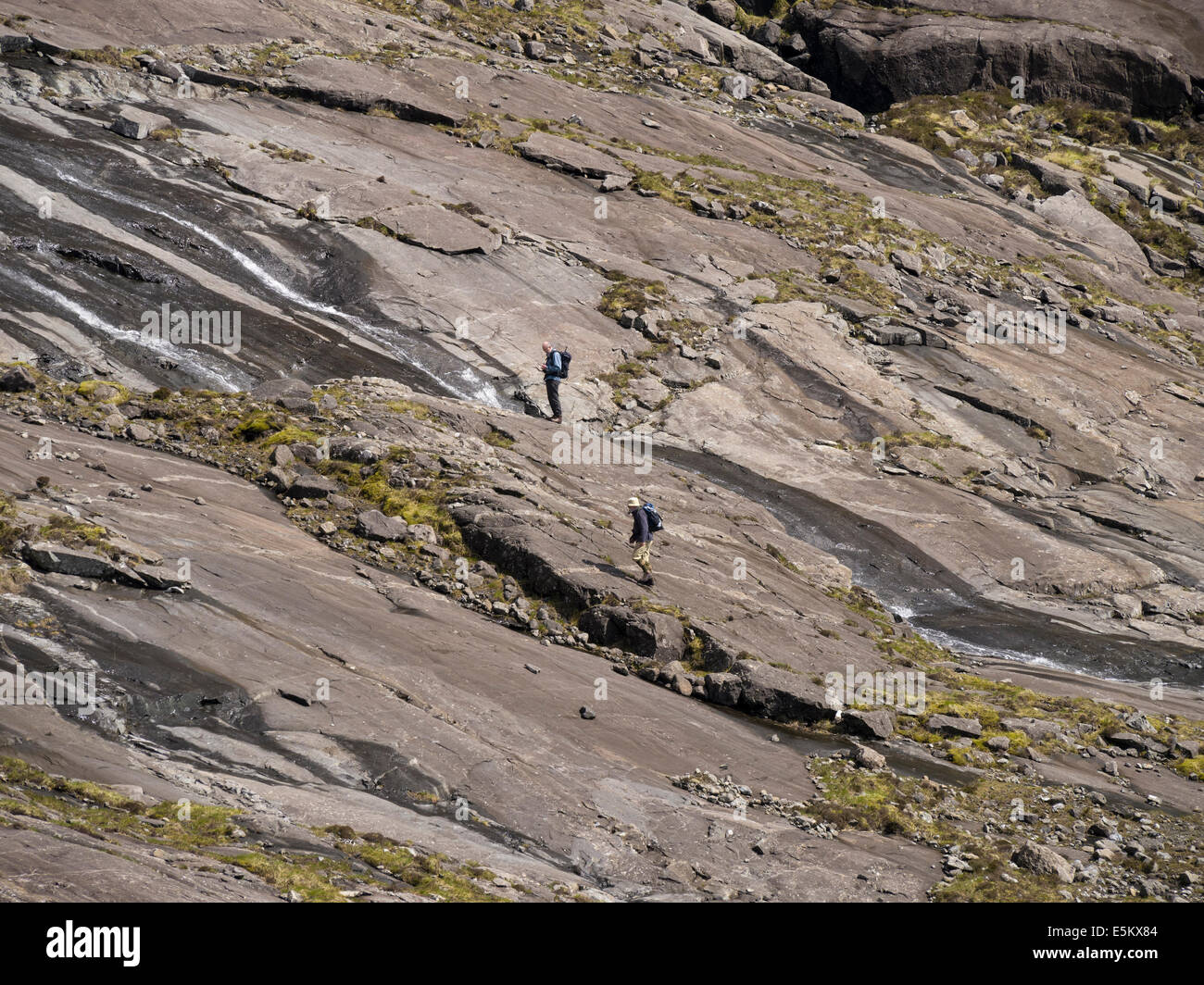 Two mountain walkers on steep rock slabs below Coir' a' Ghrunnda in the ...