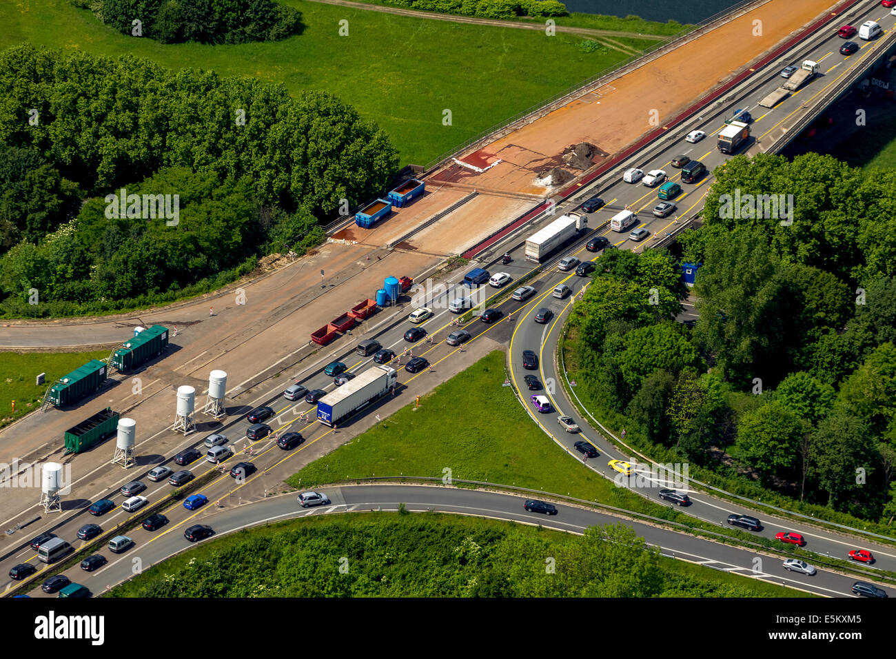 Construction site along the A59 motorway, aerial view, Duisburg, Ruhr ...