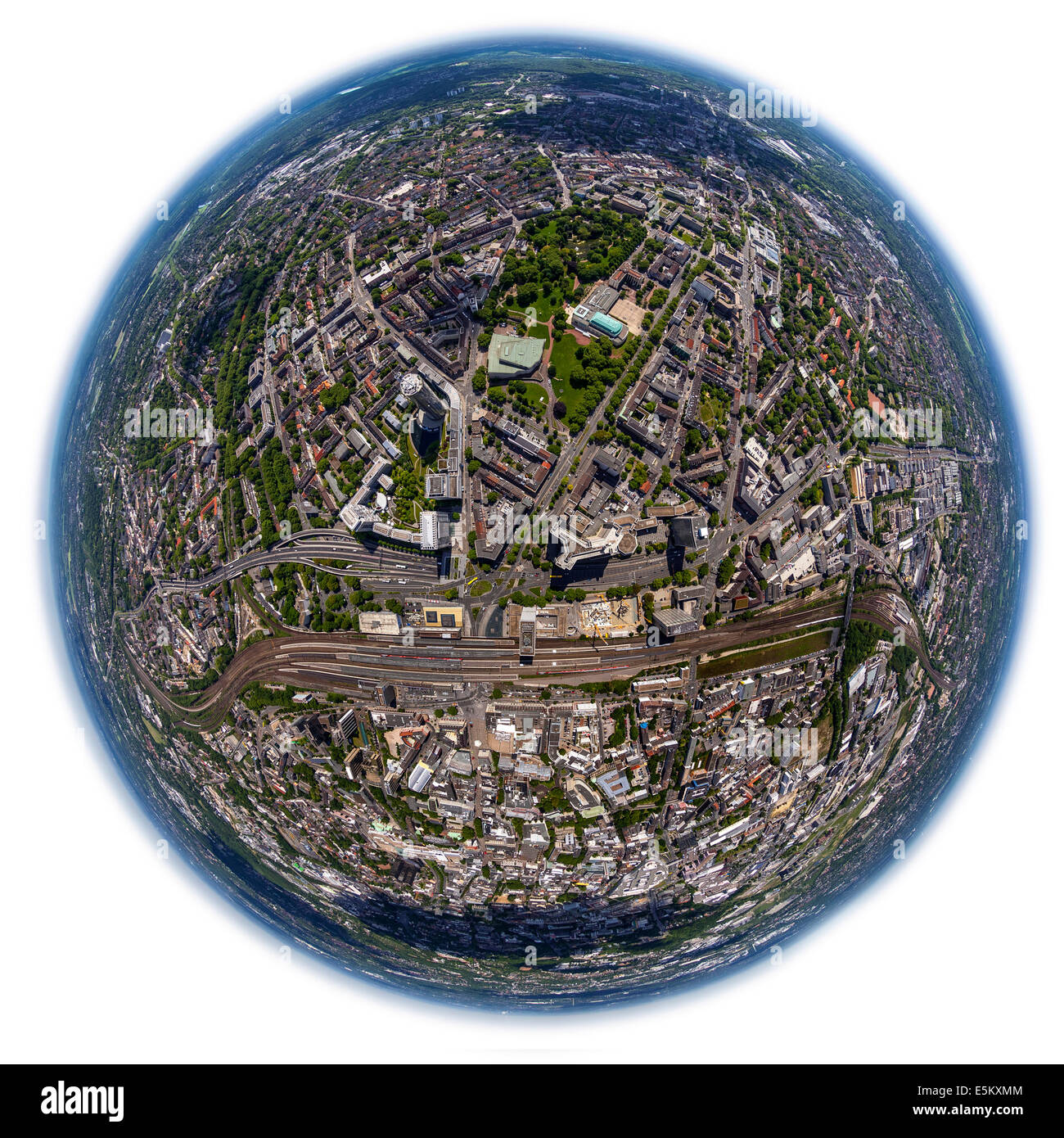 City centre of Essen with the railway station, fisheye, Essen, Ruhr ...