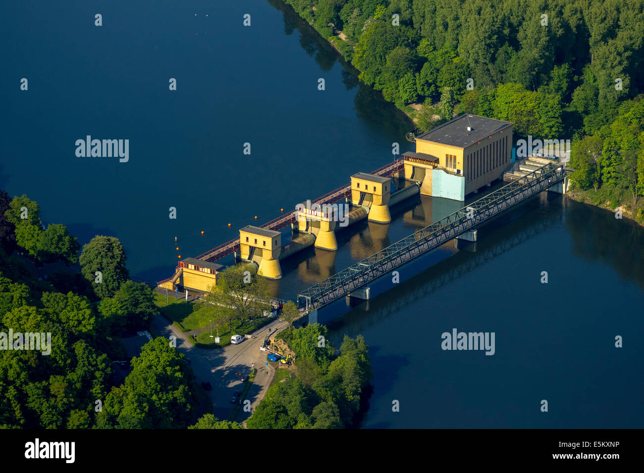 Aerial view, Laufwasserkraftwerk Hengstey hydroelectric power station ...